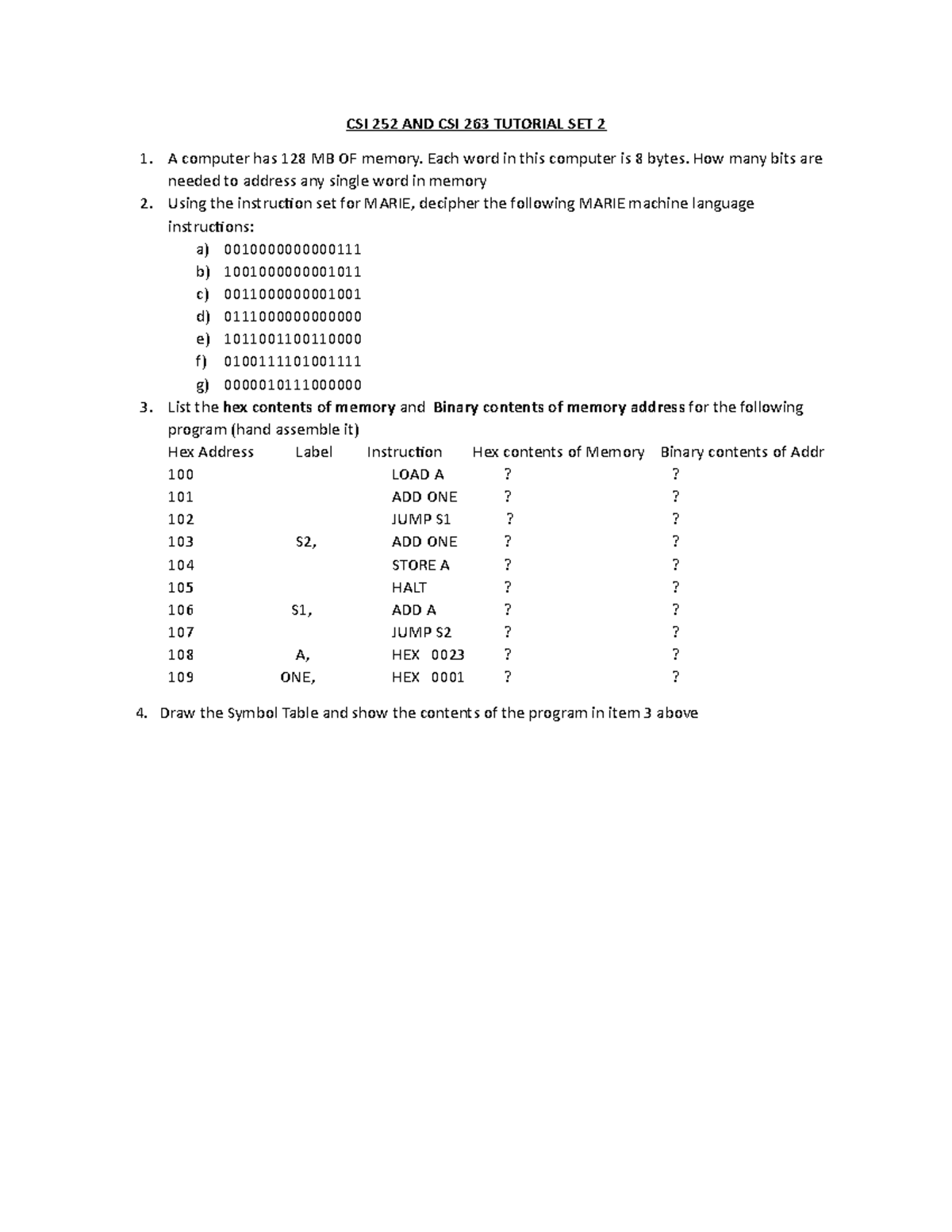 CSI 251 Tutorial SET 2 - CSI 252 AND CSI 263 TUTORIAL SET 2 A computer ...