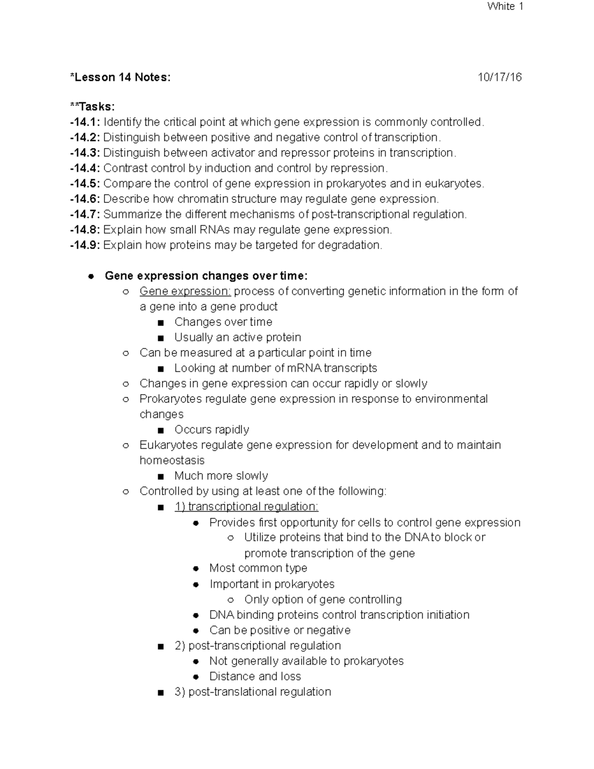 Lesson 14 - Lecture notes 1 - White 1 *Lesson 14 Notes: 10/17/16 ...