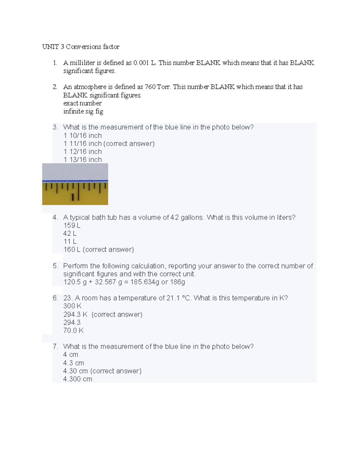 CHM 1032L Unit 3 PRE/POST QUIZ 2 - UNIT 3 Conversions factor 1. A ...