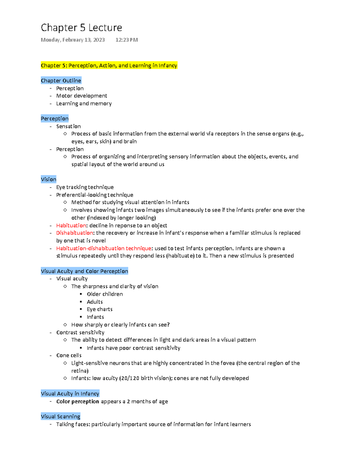 Pych 361 Chapter 5 Lecture - Chapter 5: Perception, Action, and Learning in Infancy Chapter ...