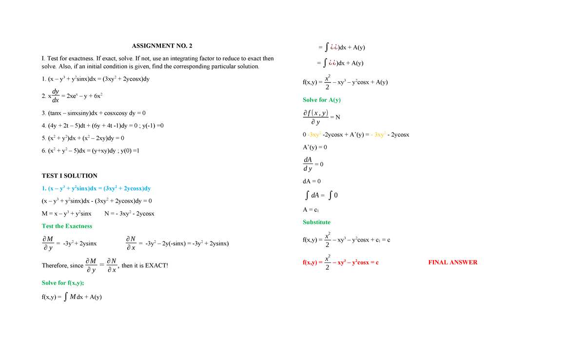 Assignment-No - calculus - ASSIGNMENT NO. 2 I. Test for exactness. If ...