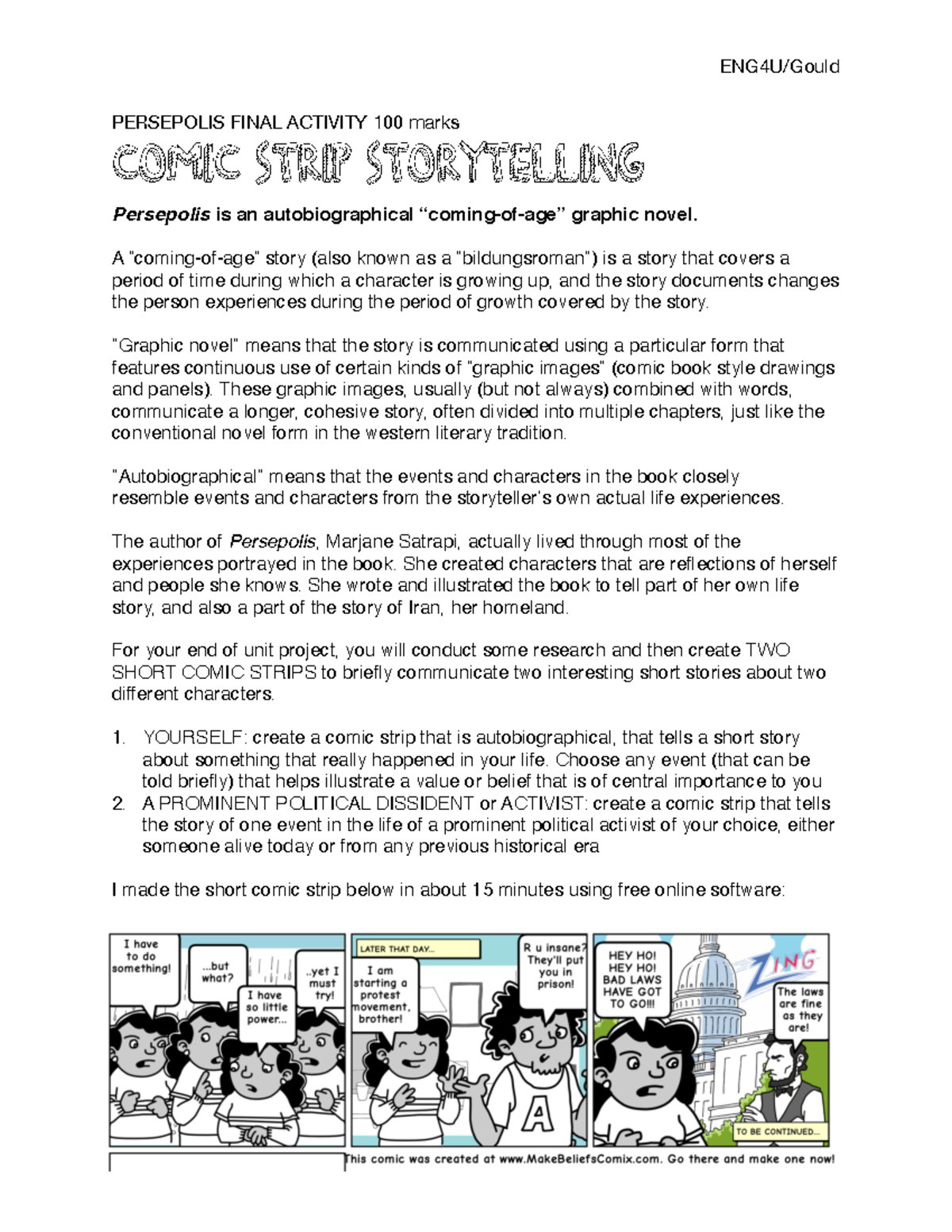 Persepolis culminating activity ENG4U - ENG4U/Gould PERSEPOLIS FINAL ...