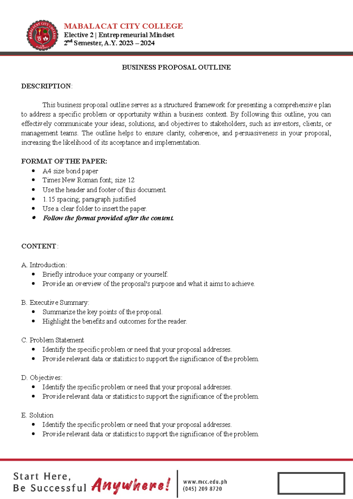 Business- Proposal- Outline - Elective 2 | Entrepreneurial Mindset 2 nd ...
