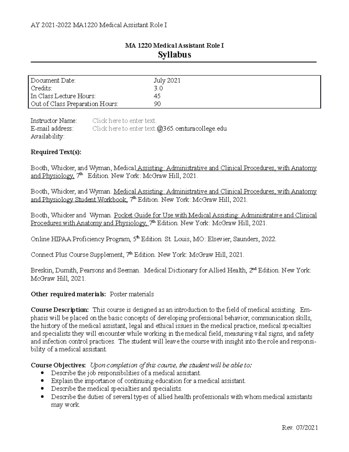 MA 1220 Medical Assistant Role I Syllabus - MA 1220 Medical Assistant ...