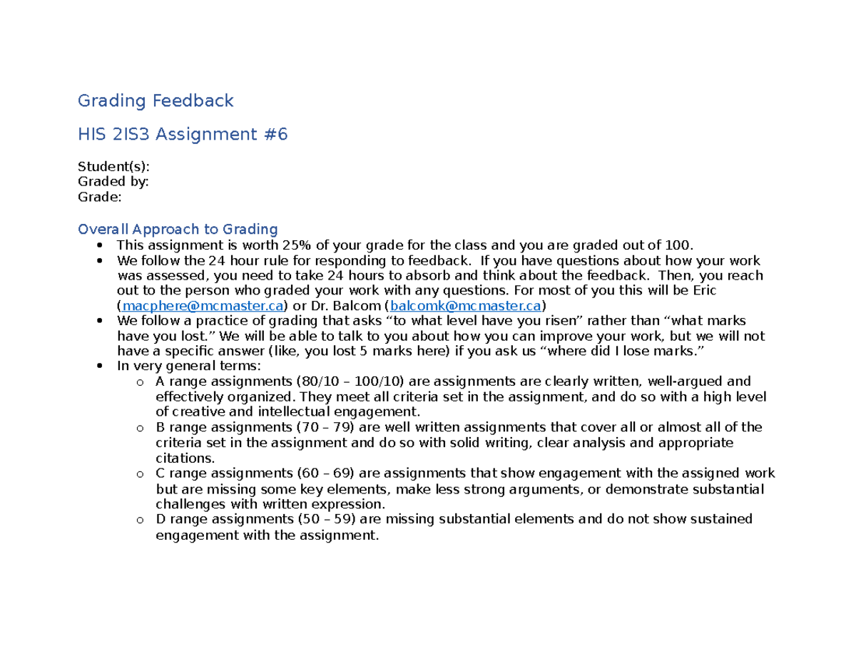 Assignment #6 Rubric for Hist 1302 - Grading Feedback HIS 2IS3 ...
