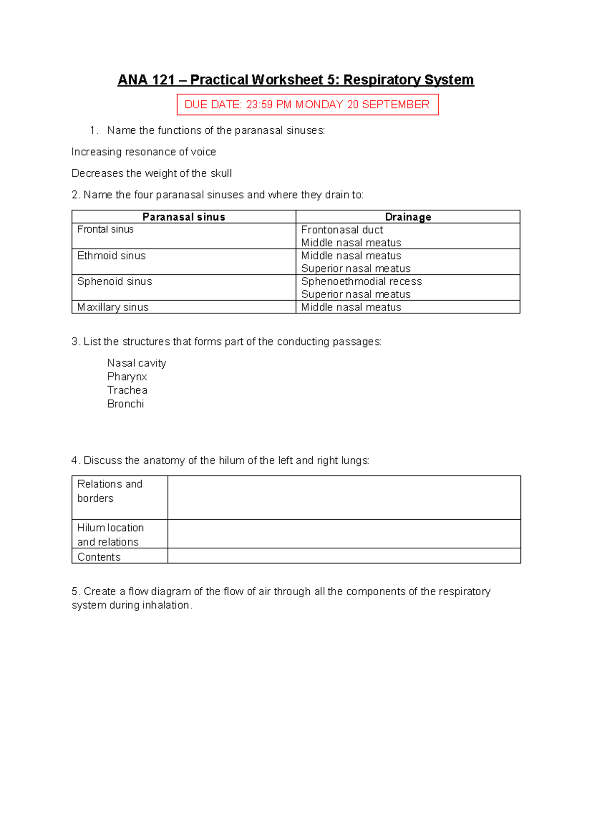 1.5 Respiratory system Worksheet 2021 - ANA 121 – Practical Worksheet 5 ...