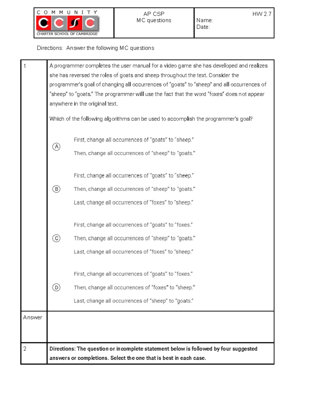 HW 2.10 MC questions - MC questions Name: Date: Directions: Answer the ...