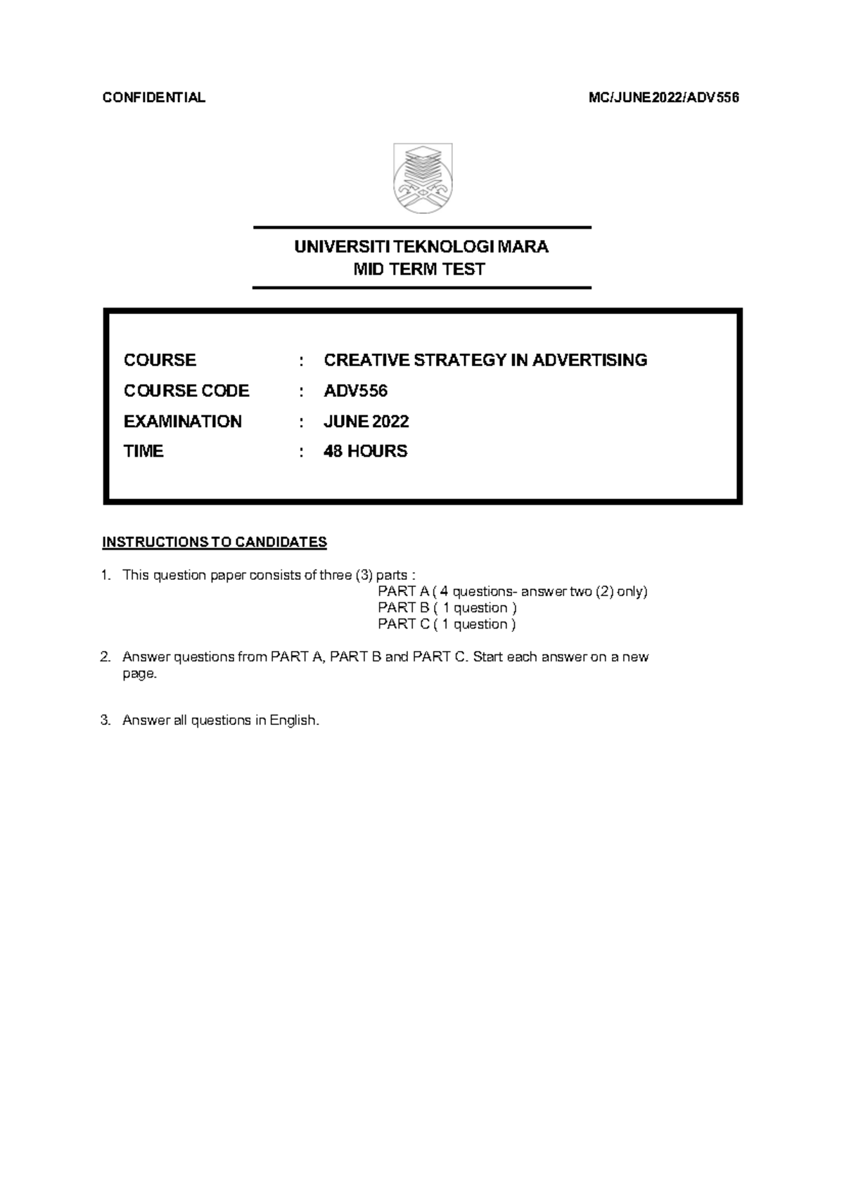 MID TERM TEST ADV 556 Semester March - JULY 2022 - UNIVERSITI TEKNOLOGI ...
