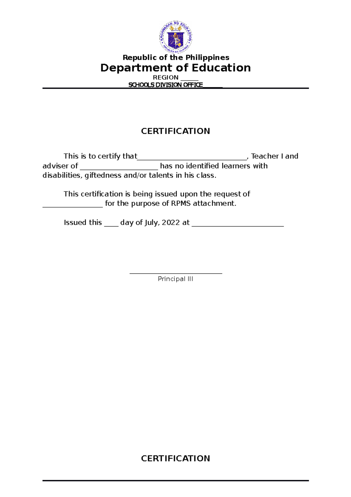 RPMS Certification- Objective 9 AND 10 - Republic of the Philippines ...