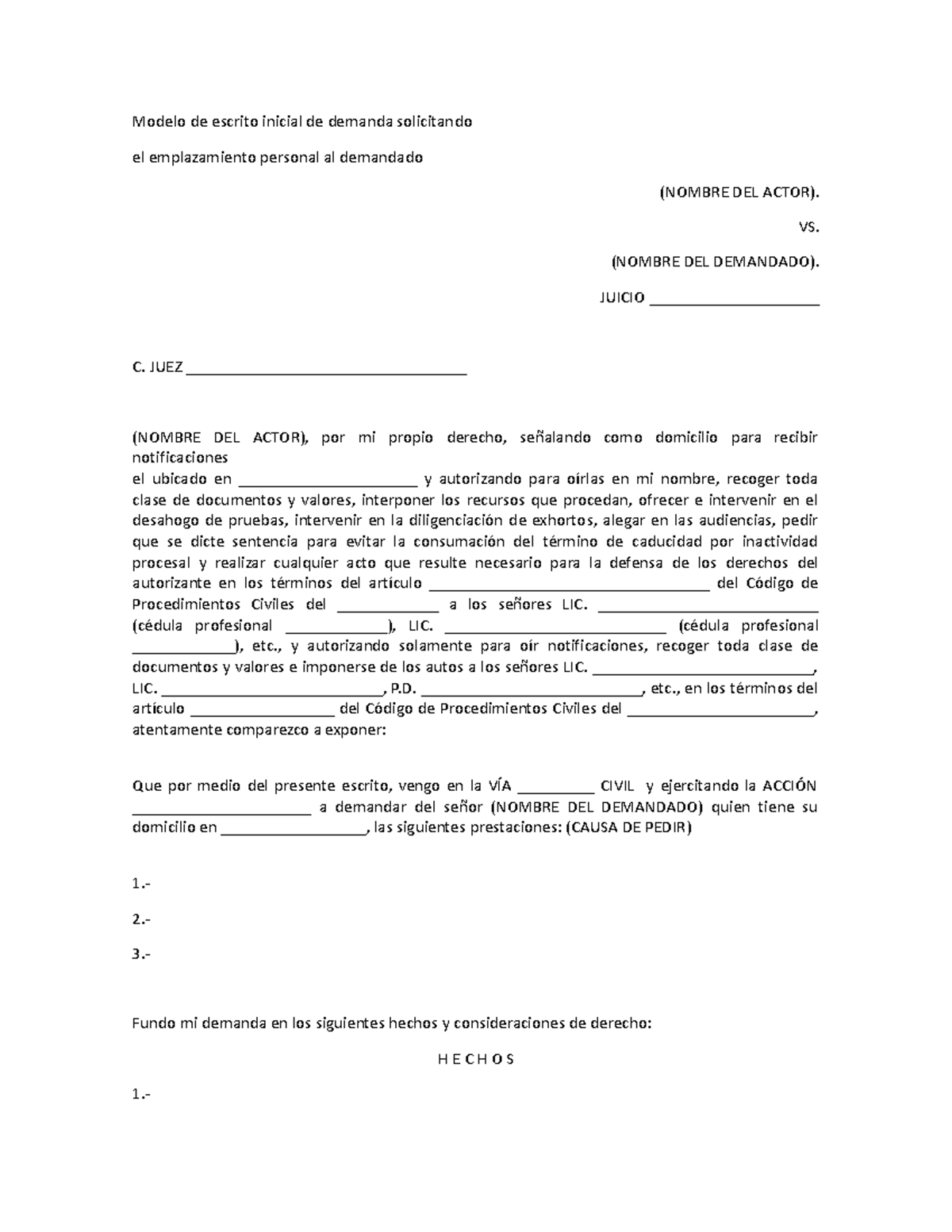 Formato General de demanda - Modelo de escrito inicial de demanda ...