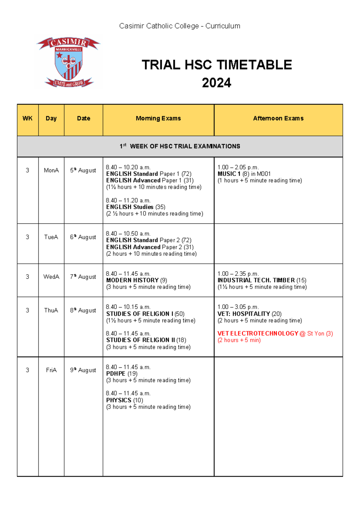 Timetable - TRIAL HSC TIMETABLE 2024 WK Day Date Morning Exams ...