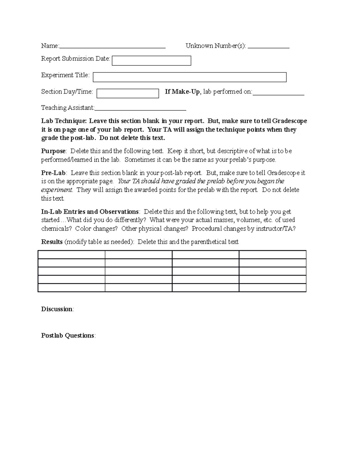 ELN Non Formal Template 4 - Name: Unknown Number(s): Report Submission Date: Experiment Title ...