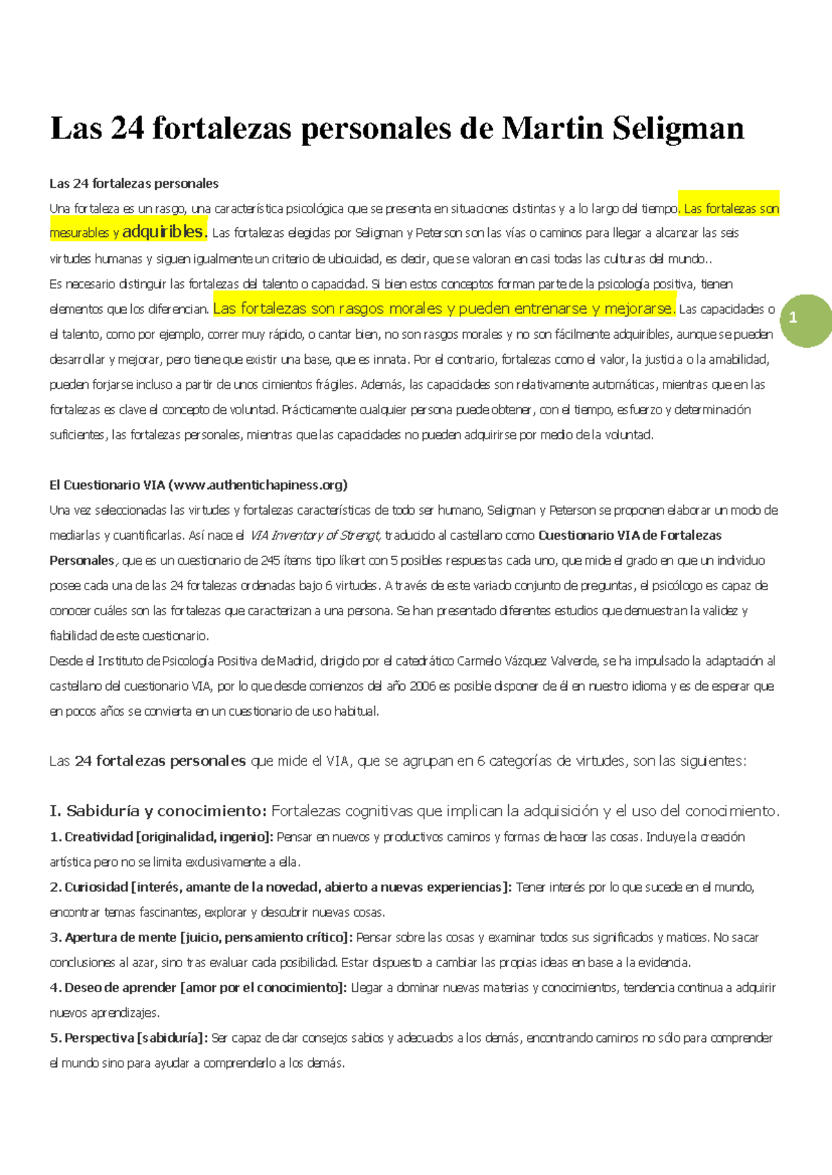 Las 24 fortalezas personales de Martin Seligman docx - 1 Las 24 ...
