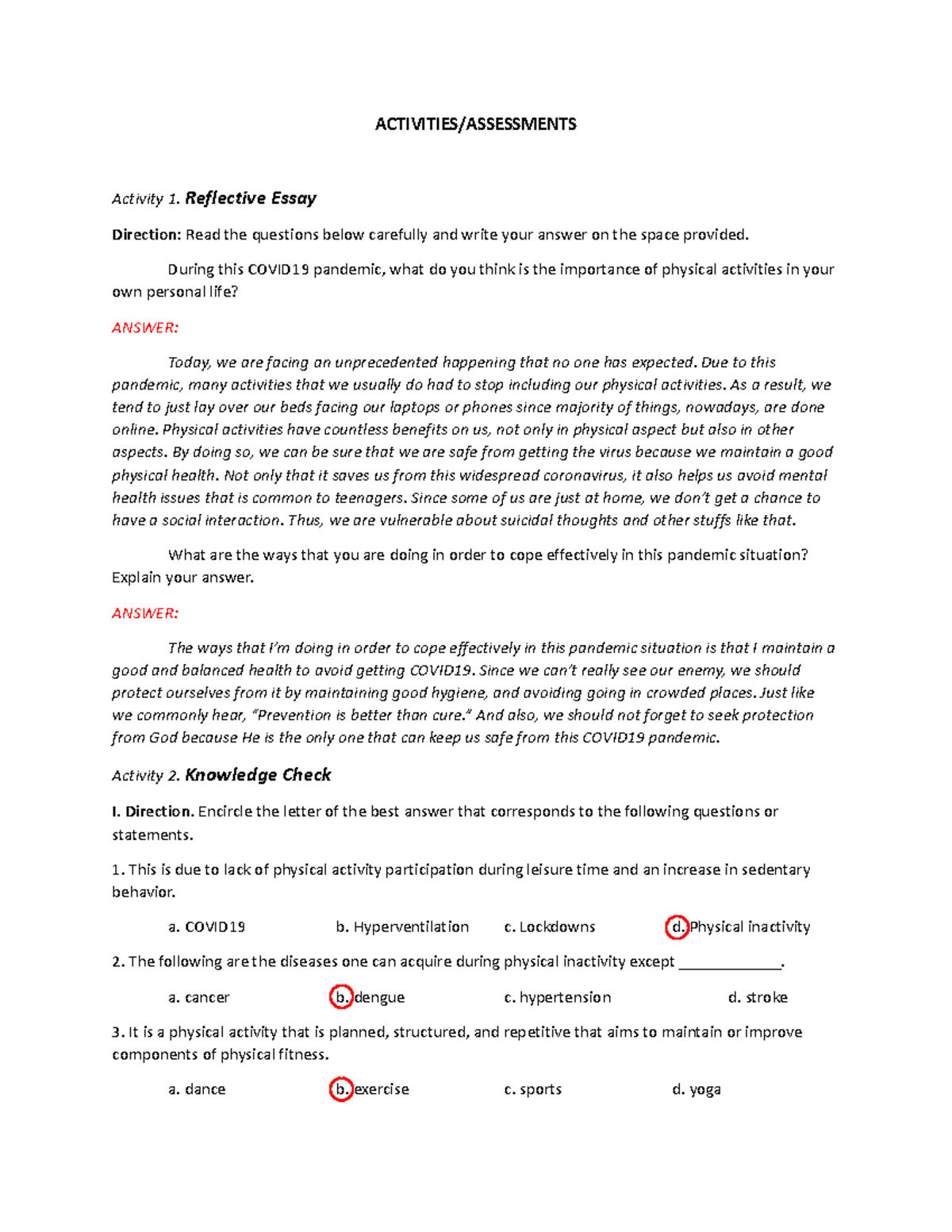 Activity 1 and 2 - ACTIVITIES/ASSESSMENTS Activity 1. Reflective Essay ...