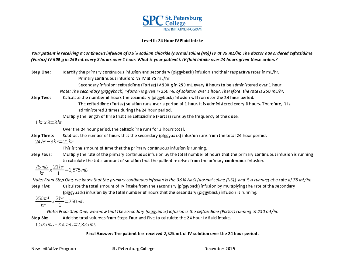 24 Hour IV Fluid Intake Dec 5 2019 NURSING - Level II: 24 Hour IV Fluid ...