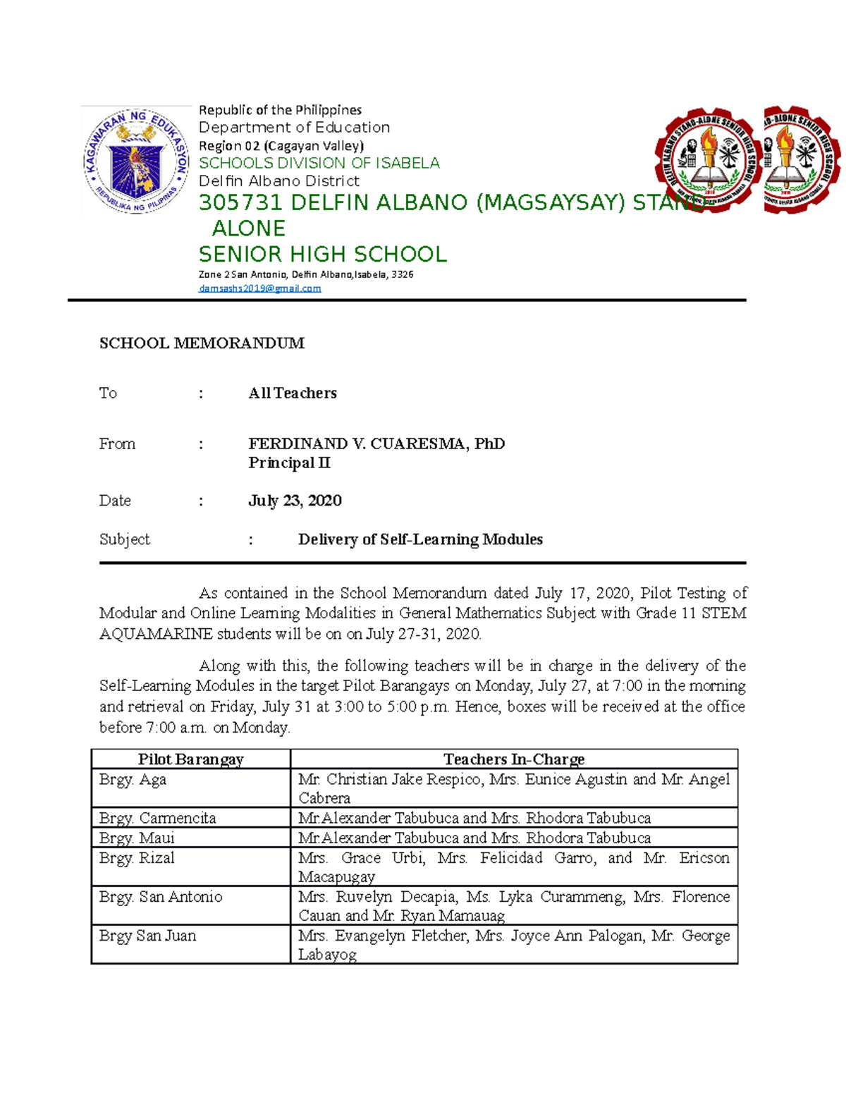 Memo delivery of self-learning modules - Republic of the Philippines ...