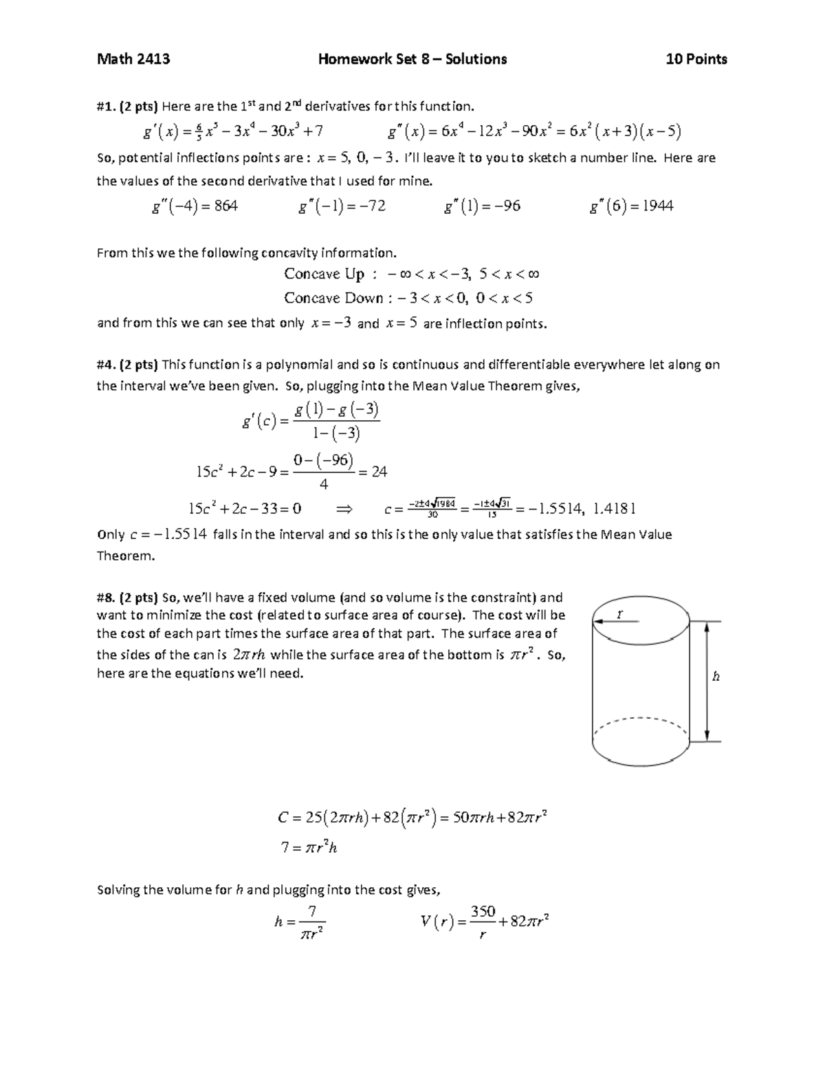 Hw 08 key fall 2016 - Math 2413 Homework Set 8 Solutions 10 Points (2 ...