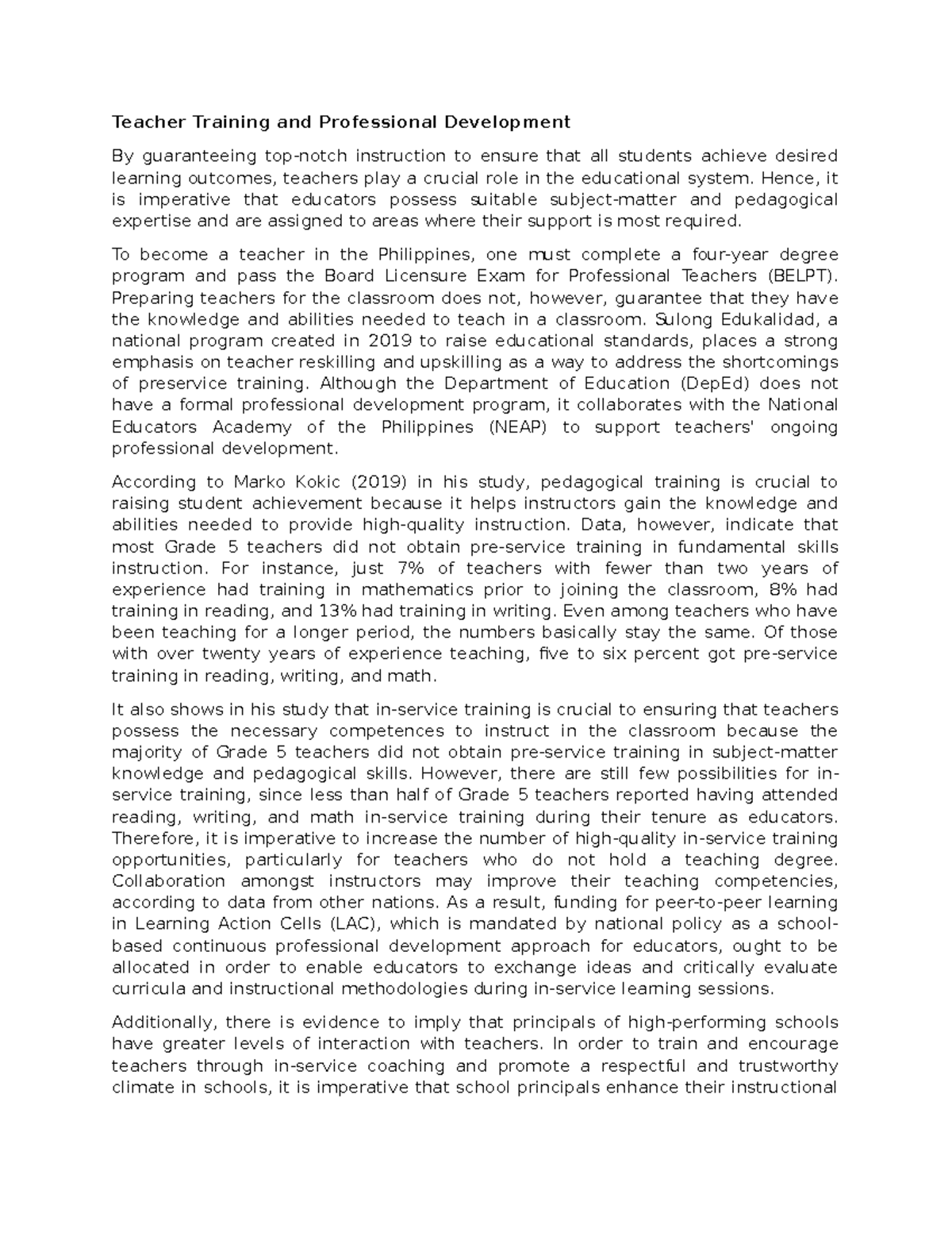 Teacher Training and Professional Development - Hence, it is imperative ...