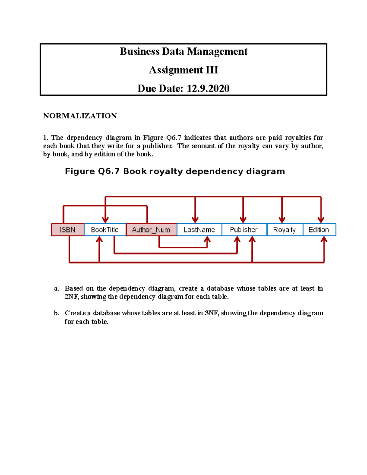 HW3 BDM - Assignemnts - Business Data Management Assignment III Due Date: 12. NORMALIZATION The ...
