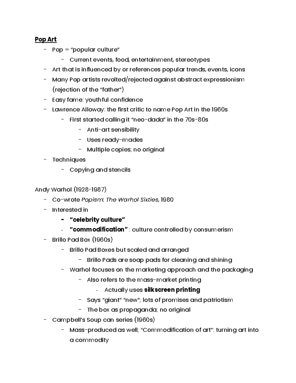 ID 2242 Test 5 notes - Pop Art - Pop = “popular culture” - Current ...