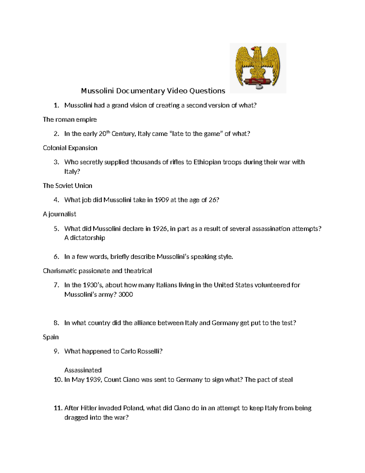 Mussolini Video Questions - kai shipman - Mussolini Documentary Video ...