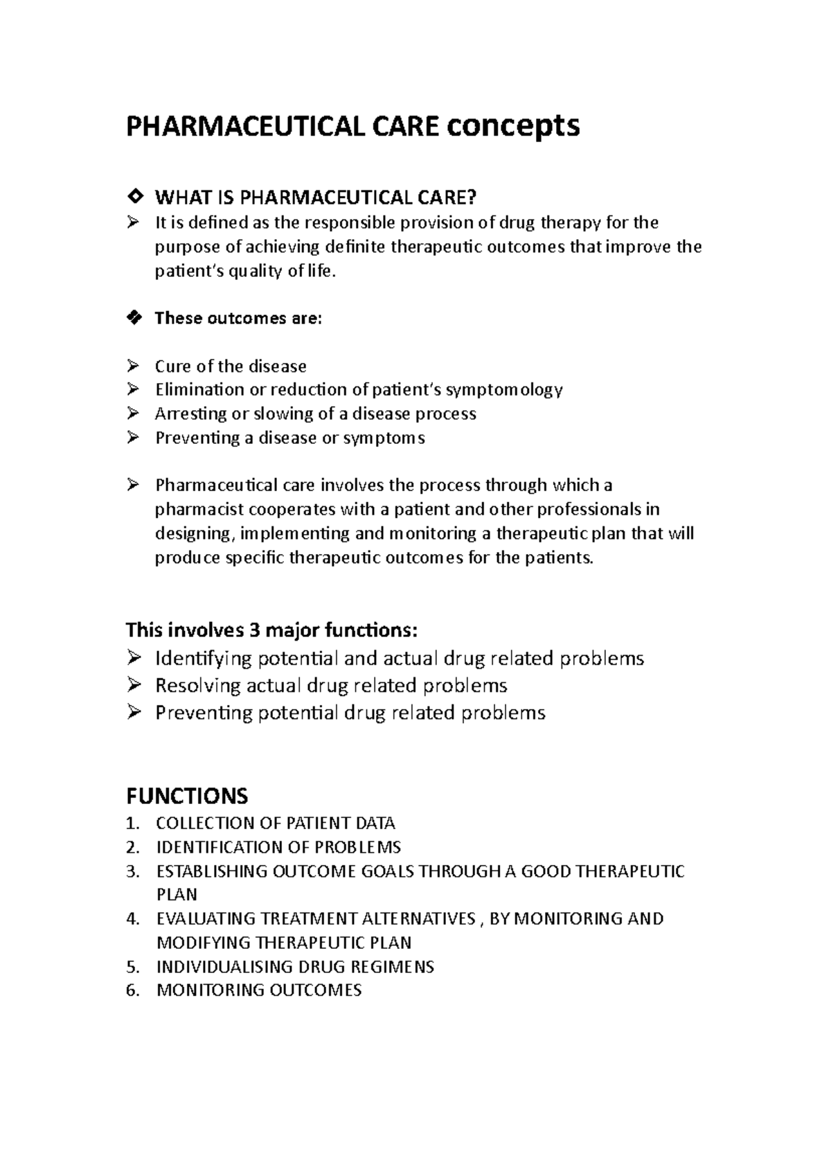 Pharmaceutical CARE concepts - PHARMACEUTICAL CARE concepts WHAT IS PHARMACEUTICAL CARE? It is ...