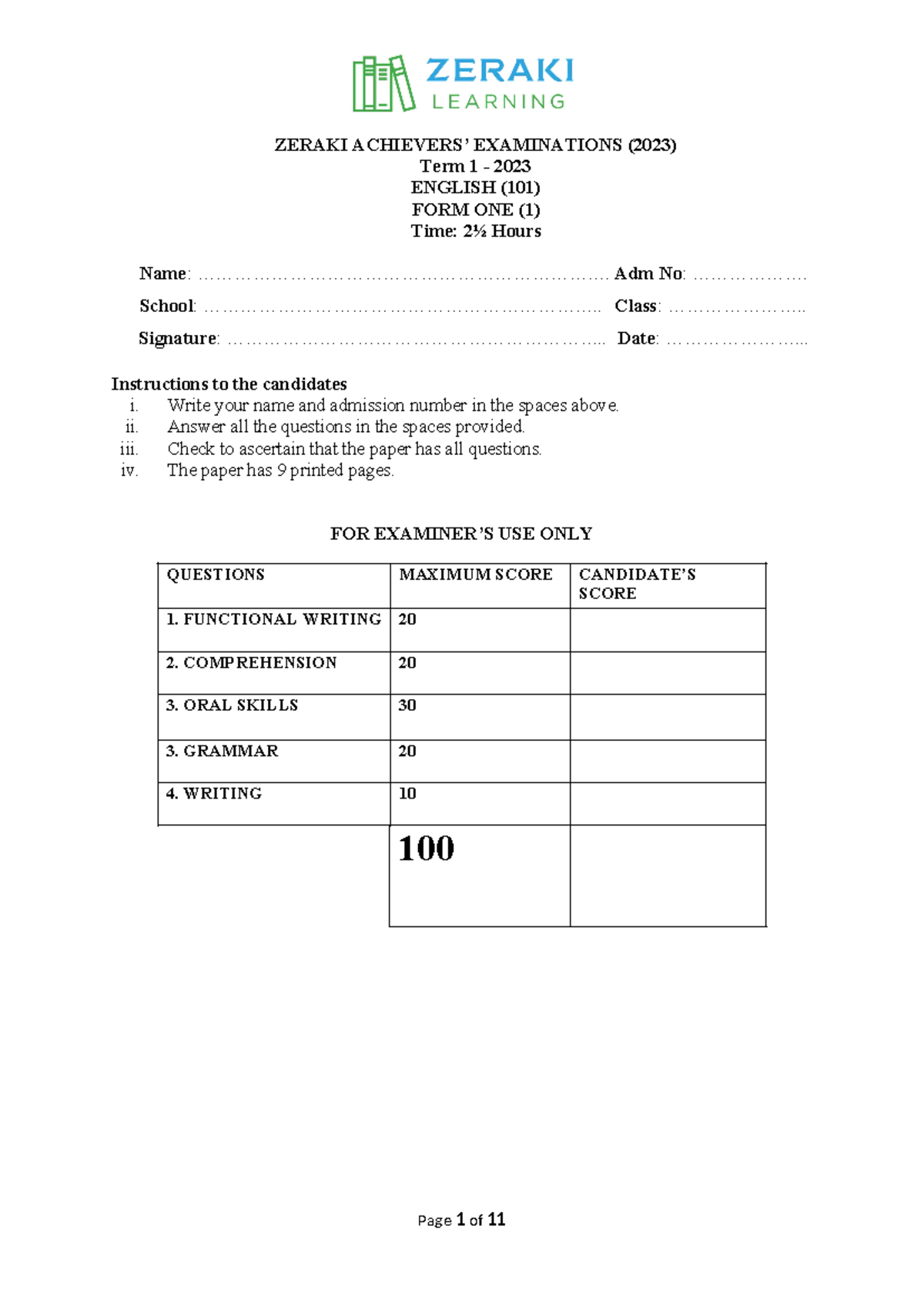 Zeraki Achievers - english - ZERAKI ACHIEVERS’ EXAMINATIONS (2023) Term ...