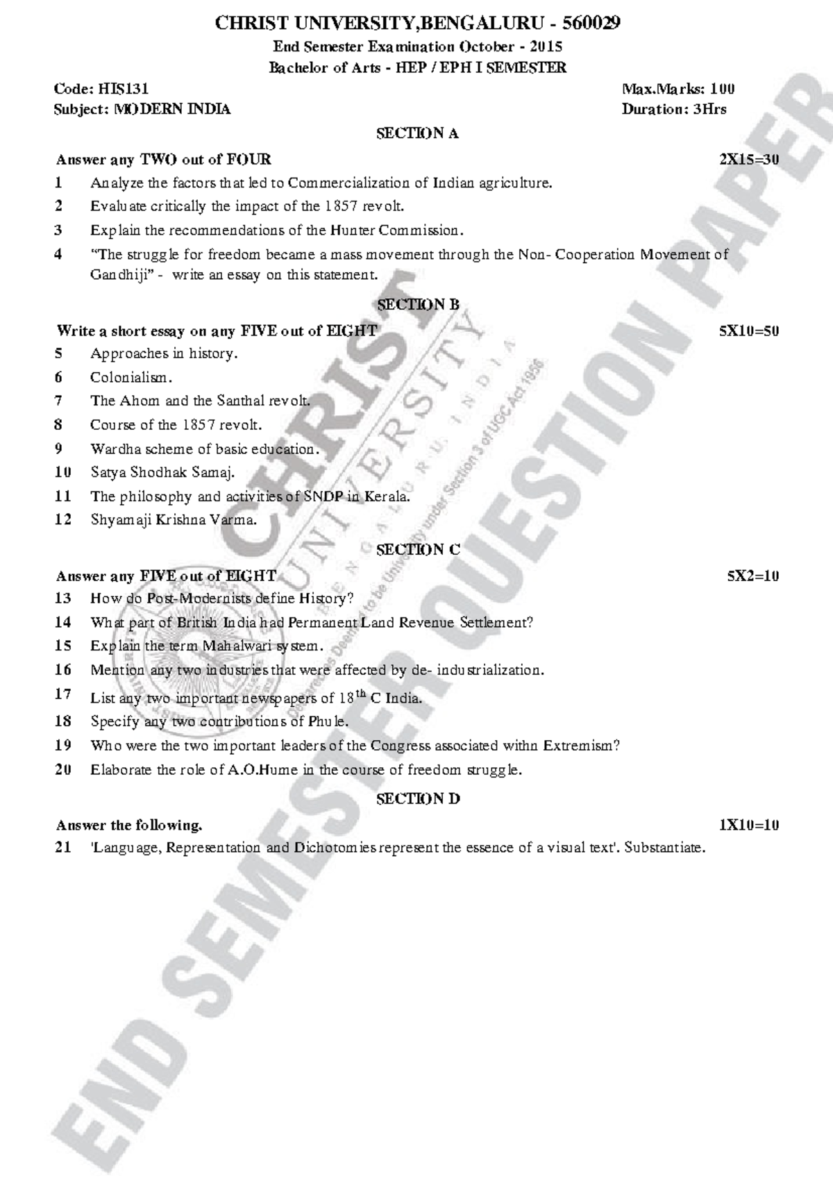 HIS131 - question paper - CHRIST UNIVERSITY,BENGALURU - 560029 End ...