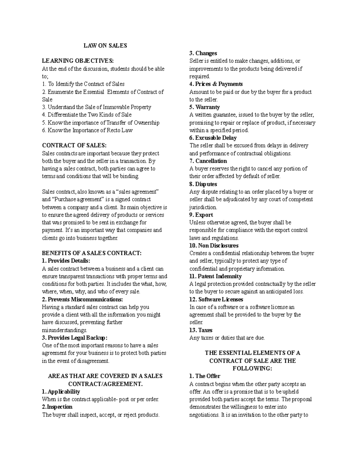 LAW ON Sales 1 - nothing - LAW ON SALES LEARNING OBJECTIVES: At the end ...