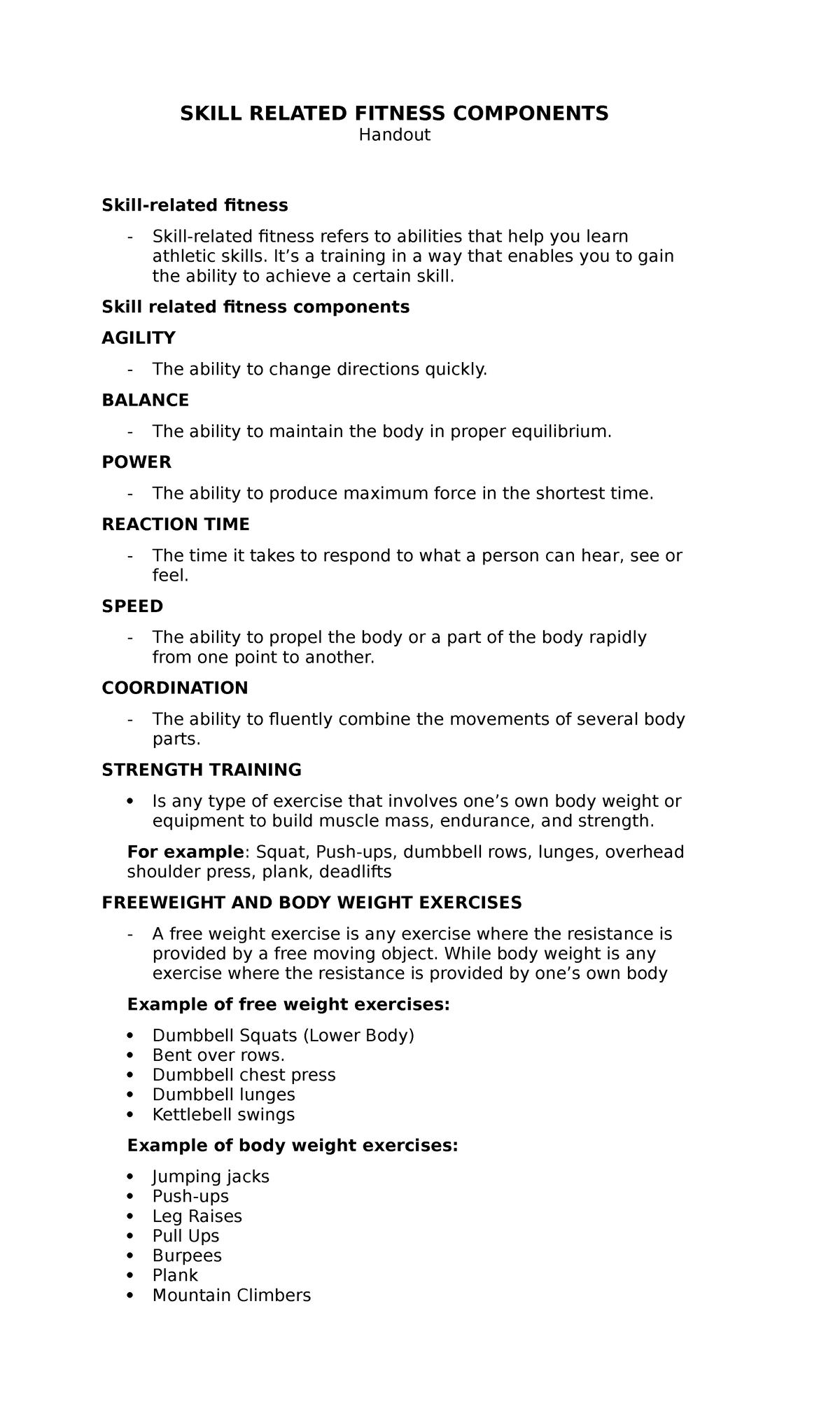 Skill-related fitness handouts - SKILL RELATED FITNESS COMPONENTS ...