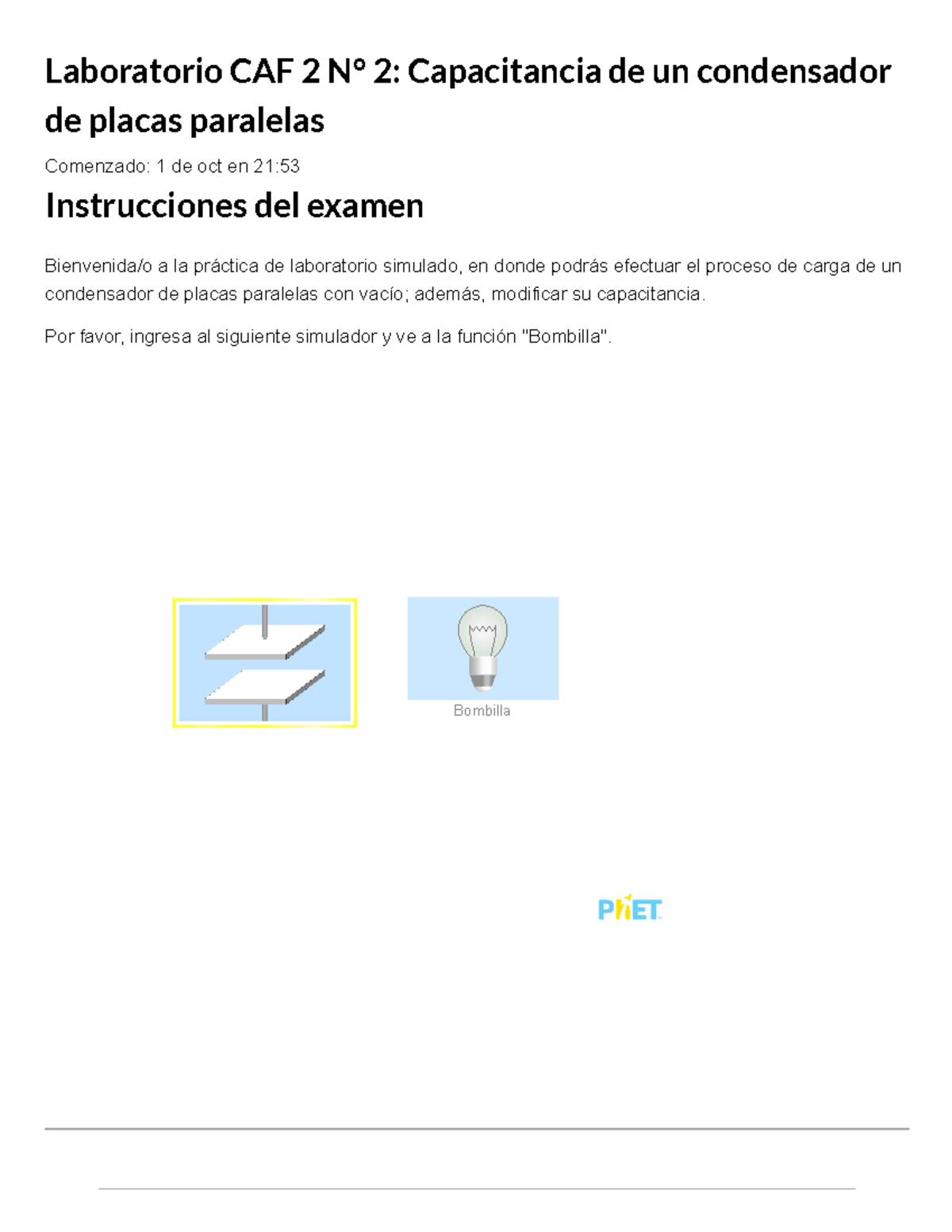 Examen Laboratorio CAF 2 N° 2 Capacitancia de un condensador de placas paralelas - Laboratorio ...