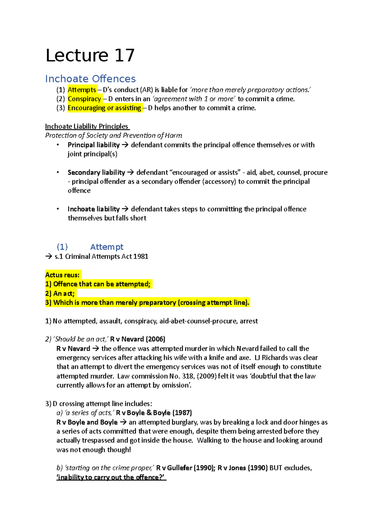 Inchoate Offences - Lecture 17 Inchoate Offences (1)Attempts – D’s ...