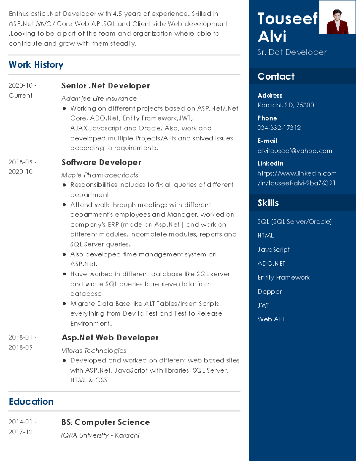 Touseef Alvi Resume - idk - Work History Education Enthusiastic .Net ...