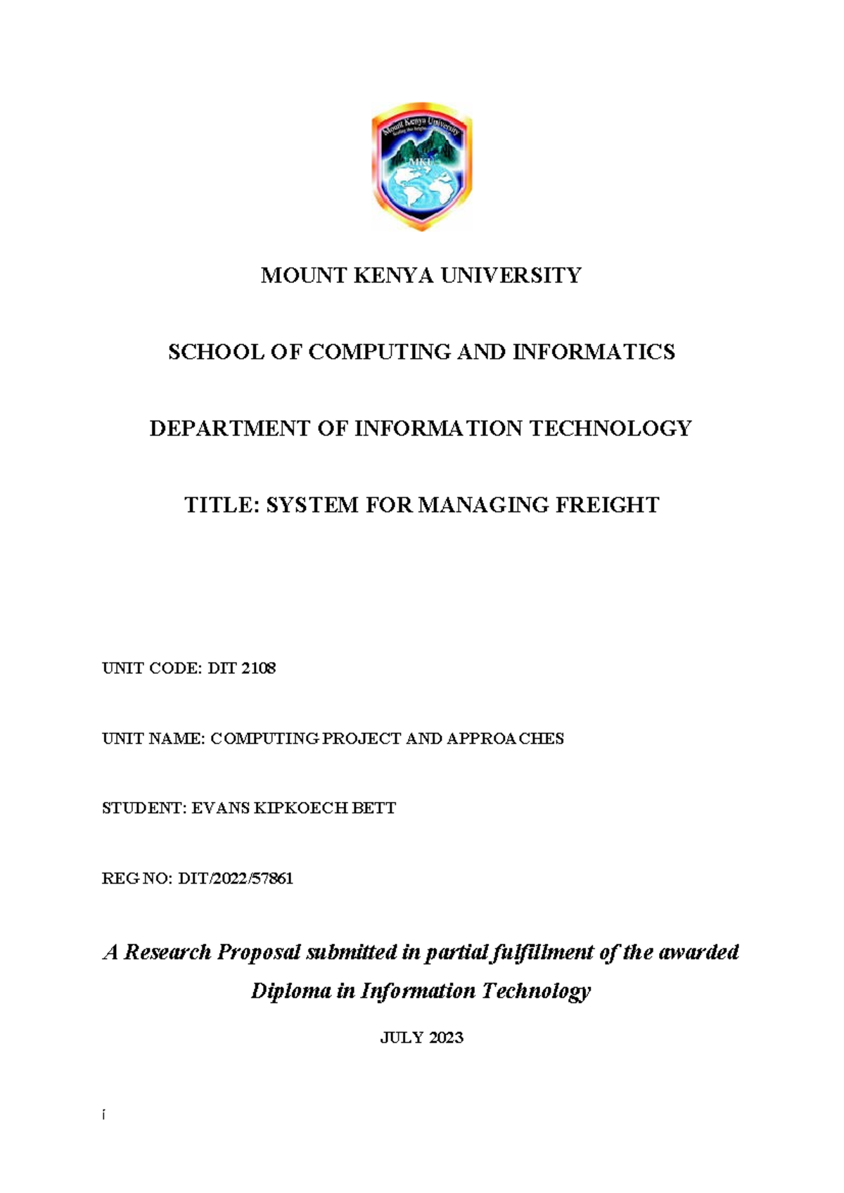 MKU Freight Management System - MOUNT KENYA UNIVERSITY SCHOOL OF ...