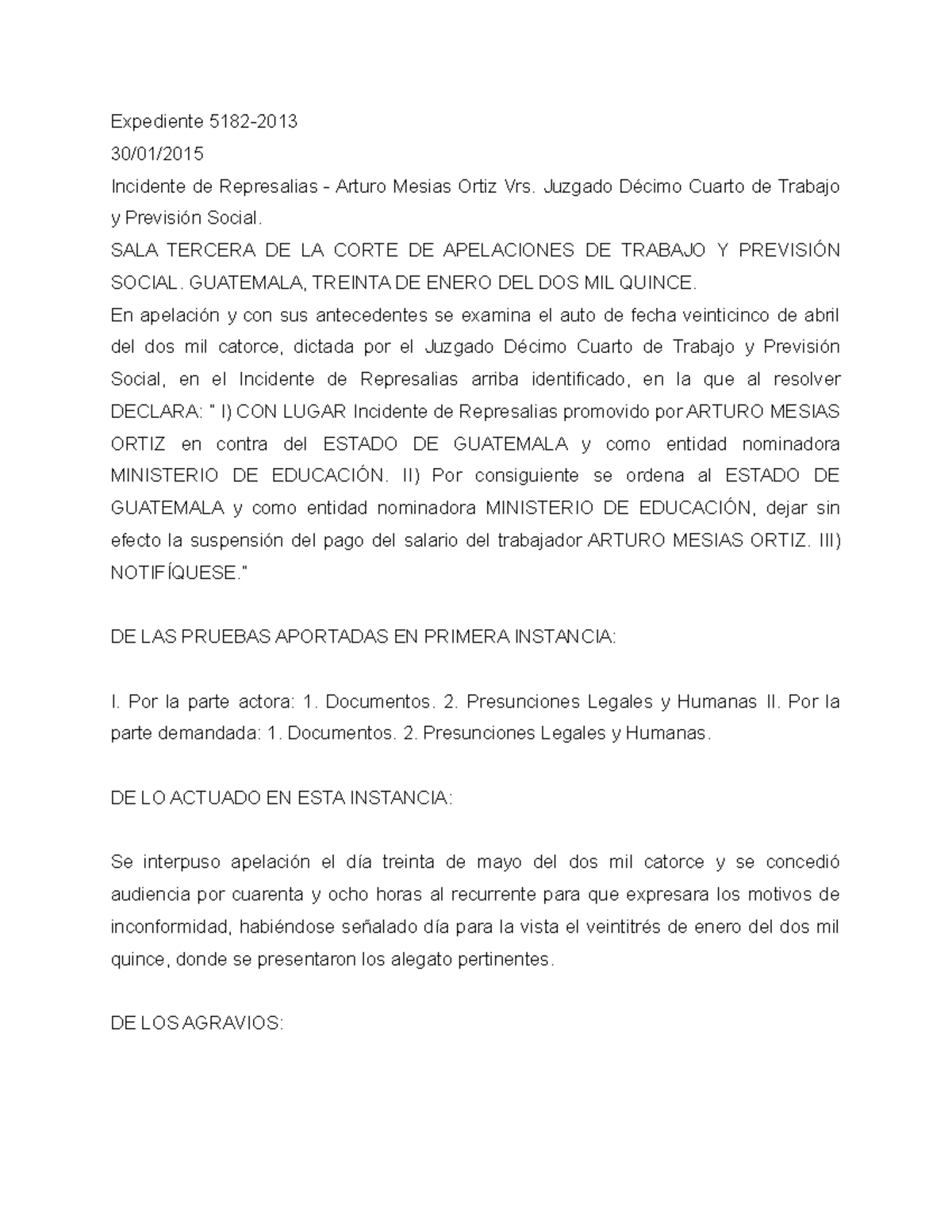 Incidente de represalias sentencia apelacion - Expediente 5182- 30/01 ...