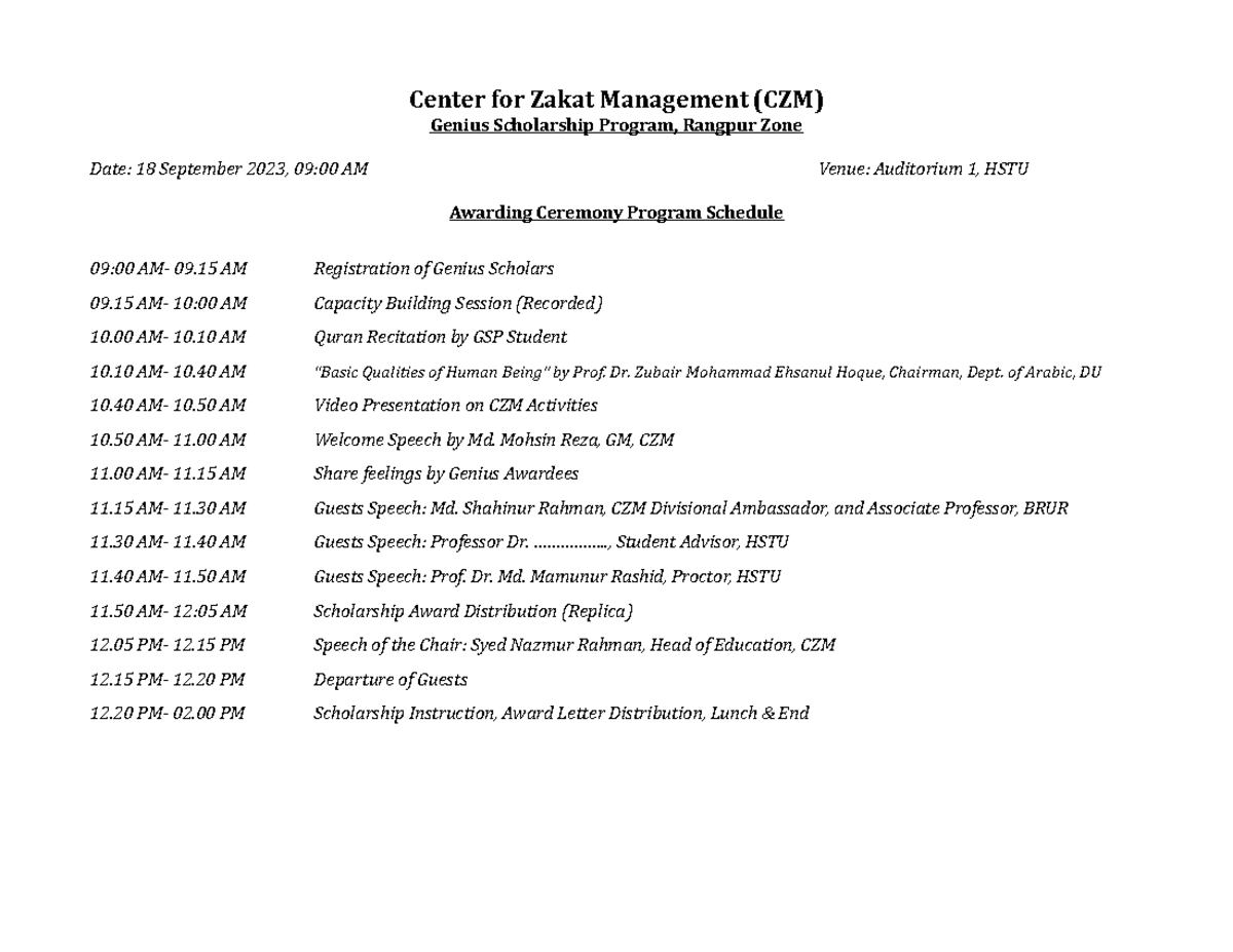 Program Schedule - Center for Zakat Management (CZM) Genius Scholarship Program, Rangpur Zone ...