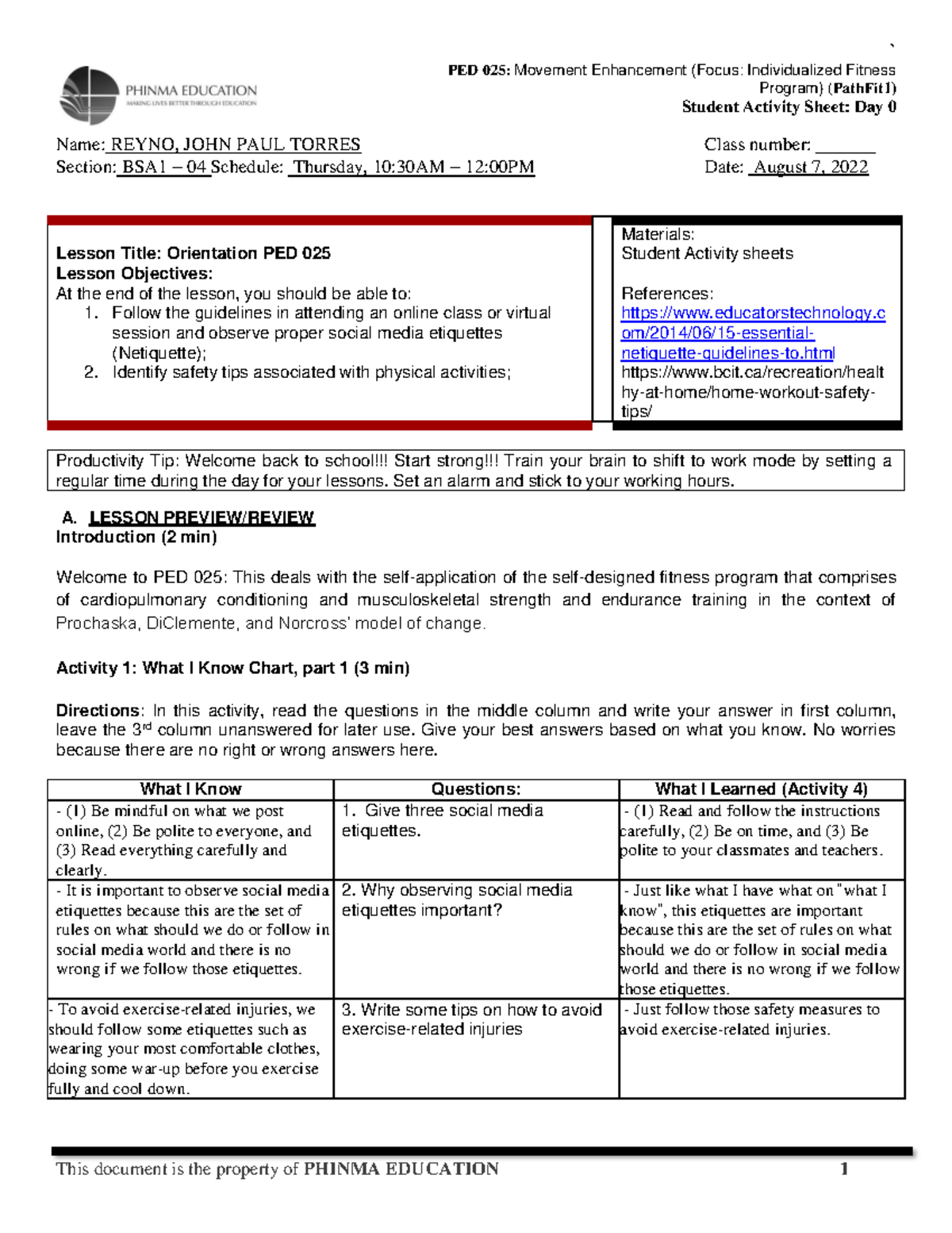 (Answer Sheet) John Paul Torres Reyno - PED-025 SAS-DAY0 - PED 025 ...