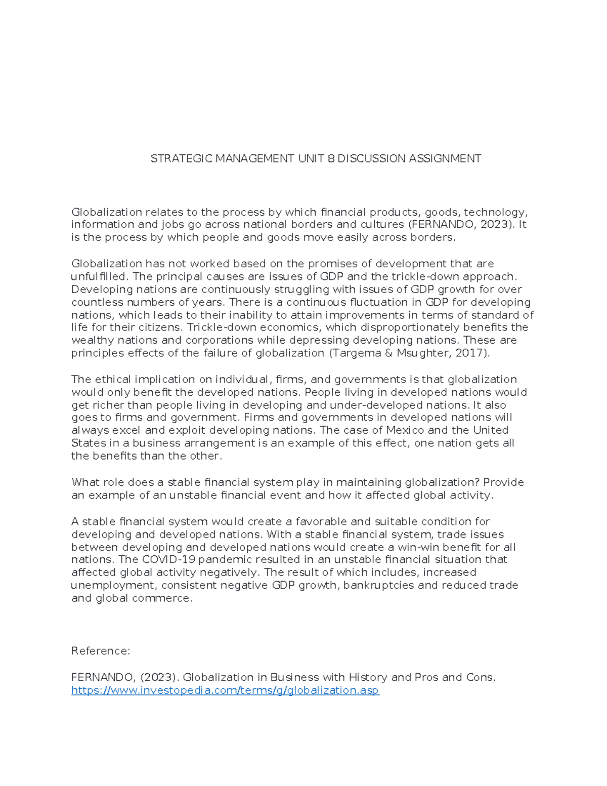 Strategic Management UNIT 8 Discussion Assignment - STRATEGIC ...