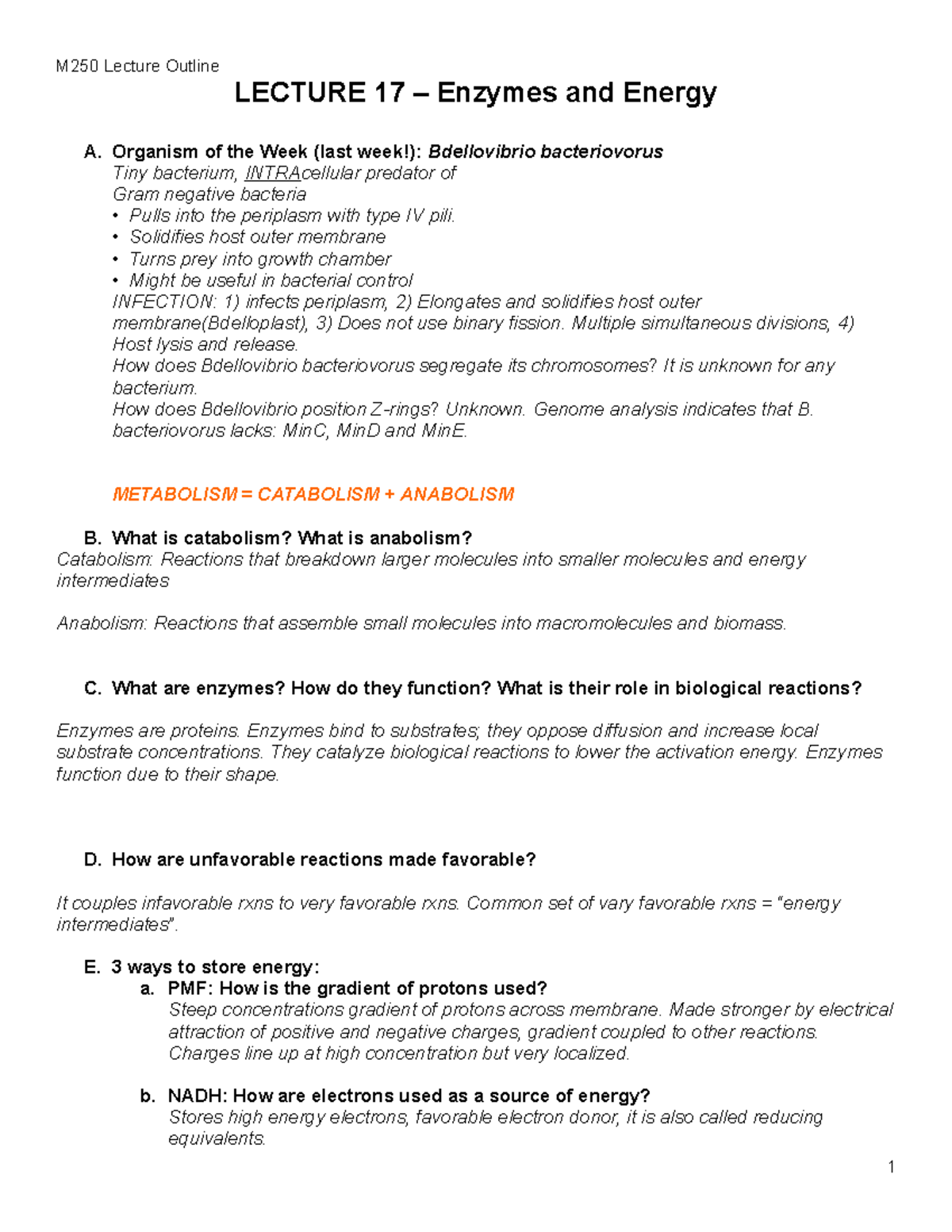 Lecture 17 Enzymes and Energy - M250 Lecture Outline LECTURE 17 Enzymes ...