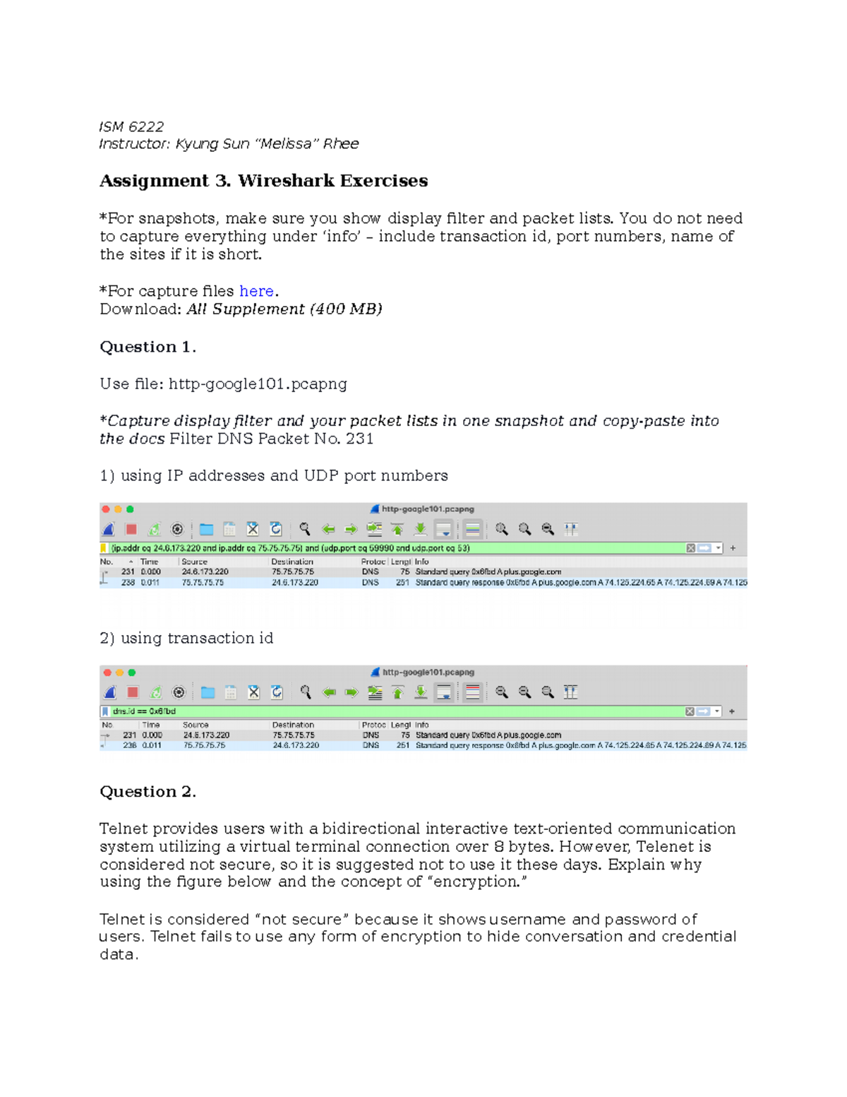 ISM6222 Wireshark - ISM 6222 Instructor: Kyung Sun “Melissa” Rhee ...