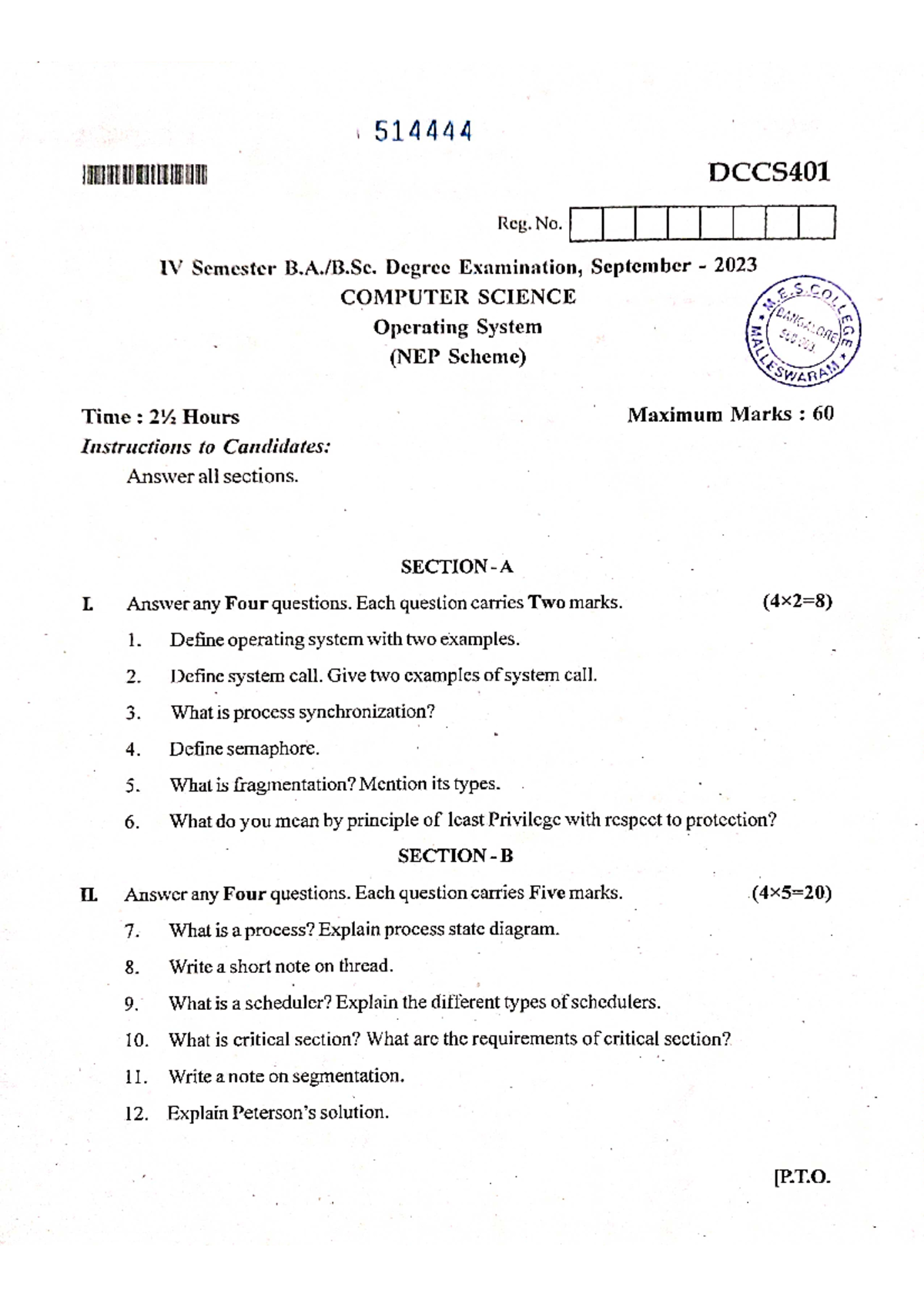 Iv Sem Nep Computer Science Dccs401 Dccs401 Reg No Iv Semester