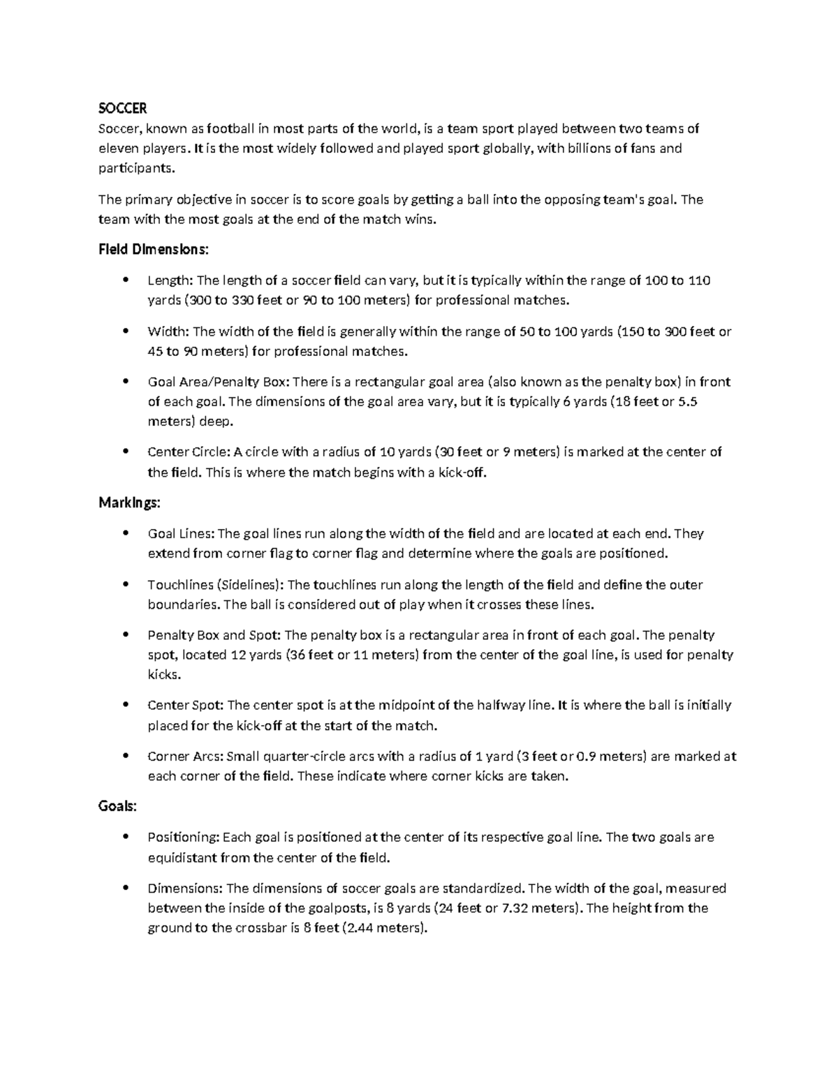 Soccer - notes to assist in learning - SOCCER Soccer, known as football ...