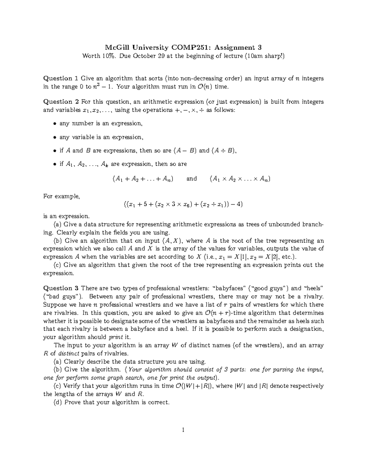 Seminar Assignment 3 Algorithms and Data Structures Questions - McGill University COMP251: - Studocu