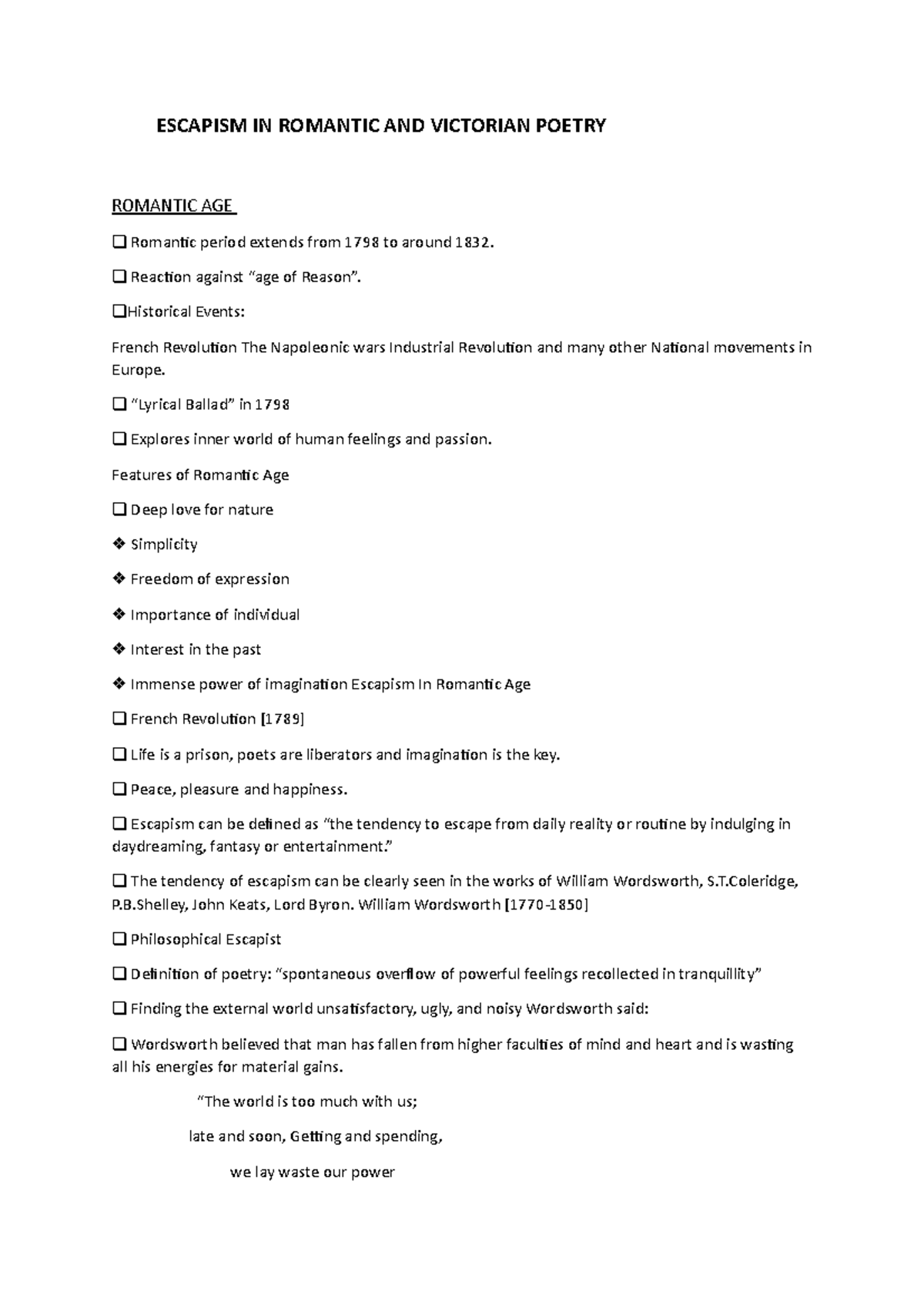 Escapism IN Romantic AND Victorian Poetry Romantic AGE - ESCAPISM IN ...