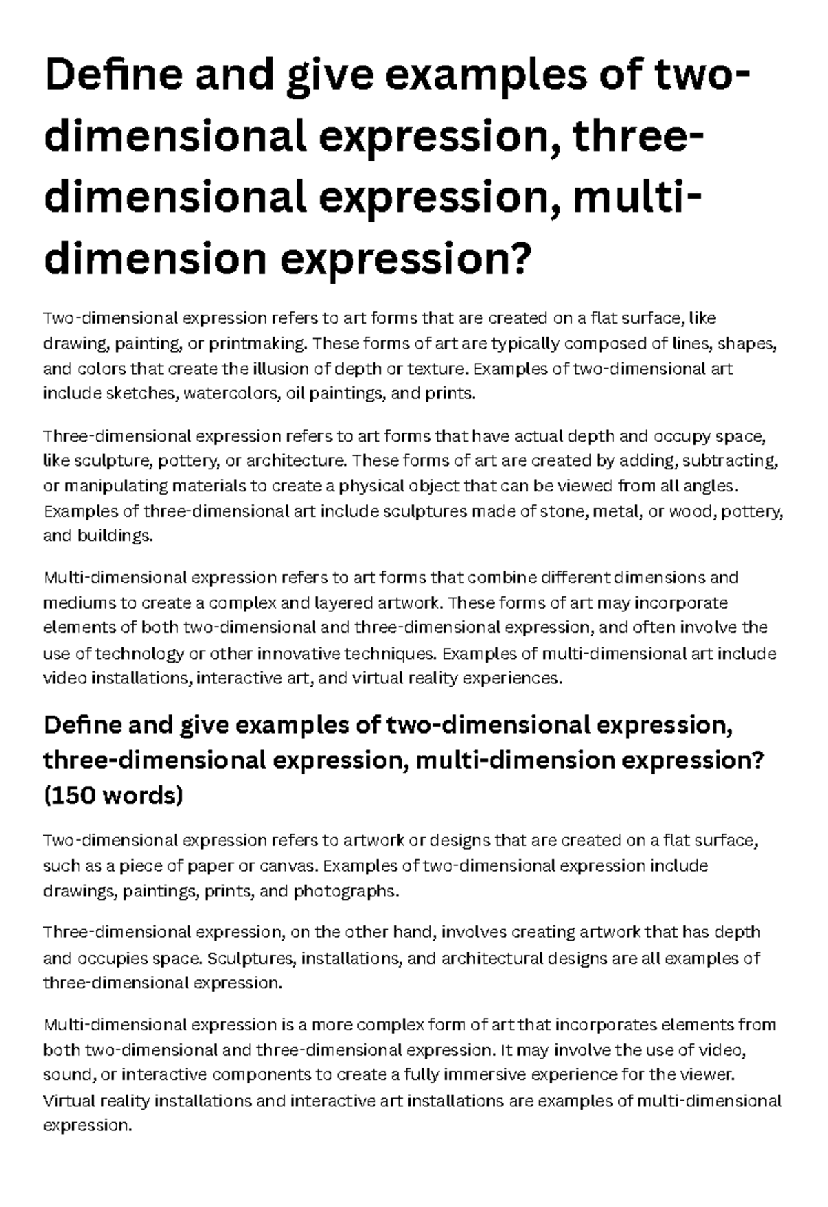 Define and give examples of two-dimensional expression, three-dimensional expression, - Studocu