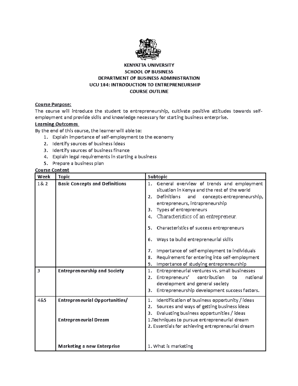 UCU 104- Revised Course Outline - KENYATTA UNIVERSITY SCHOOL OF ...