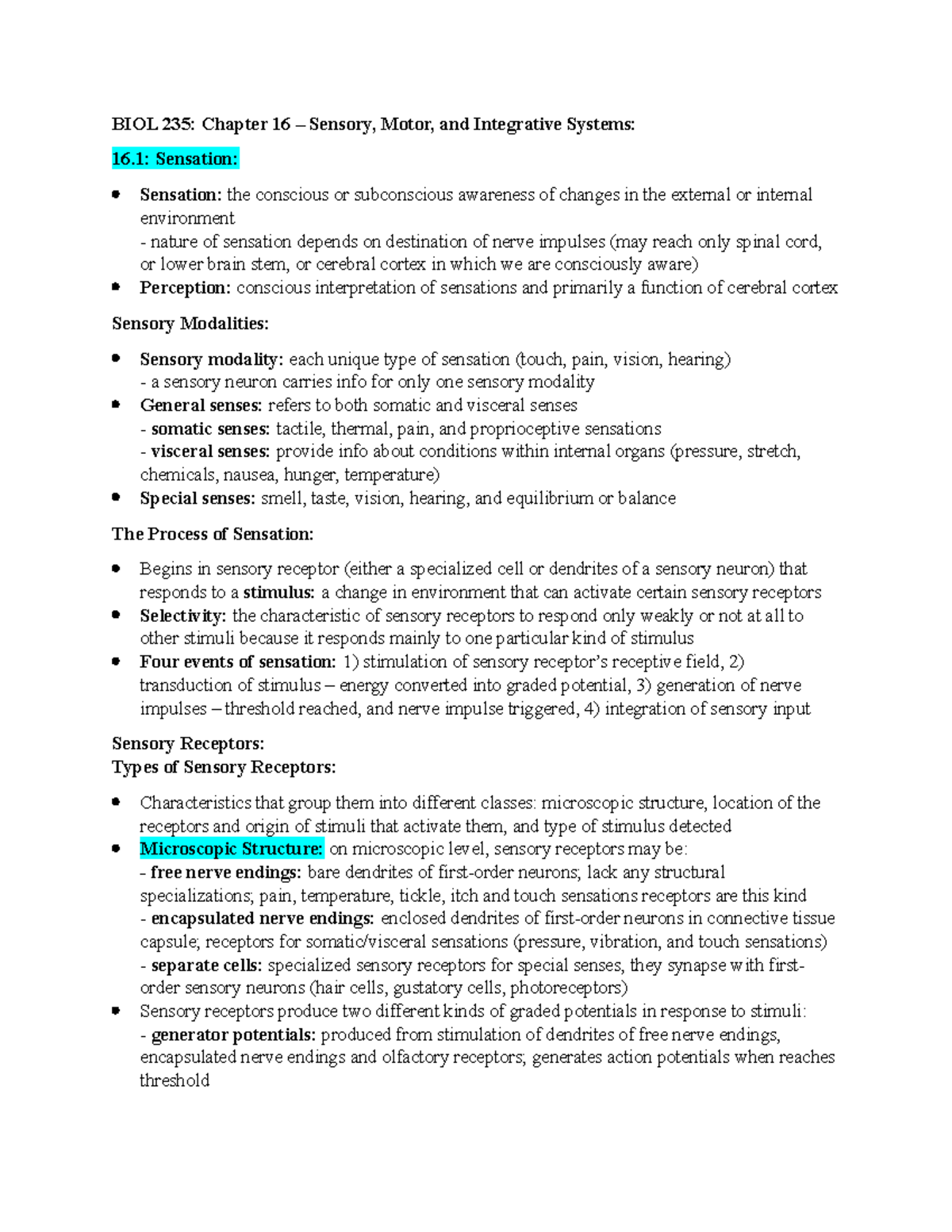 Chapter 16 - Sensory, Motor, and Integrative Functions - BIOL 235 ...