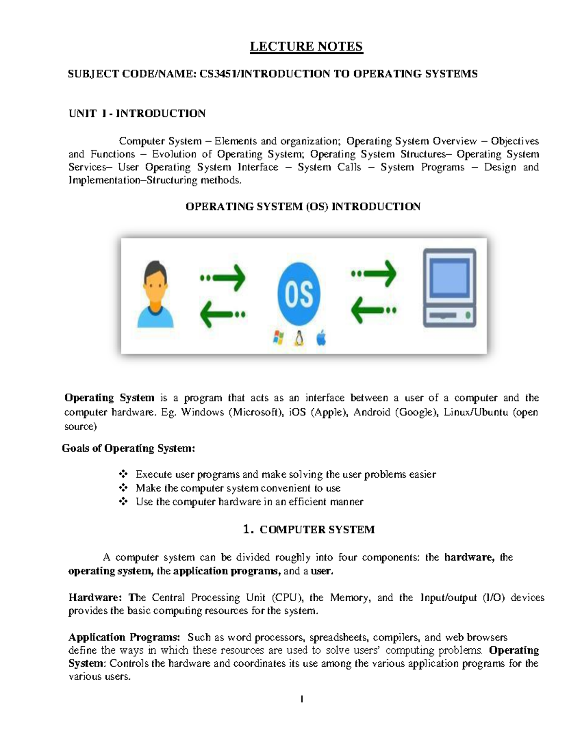 OS UNIT I - good - LECTURE NOTES SUBJECT CODE/NAME: CS3451/INTRODUCTION ...