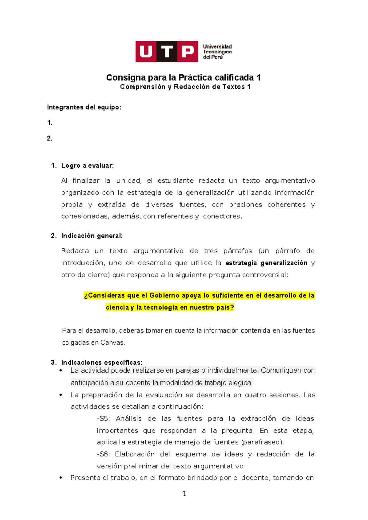 A01L PC1Consigna 22C2A 2 - Consigna para la Práctica calificada 1 Comprensión y Redacción de ...