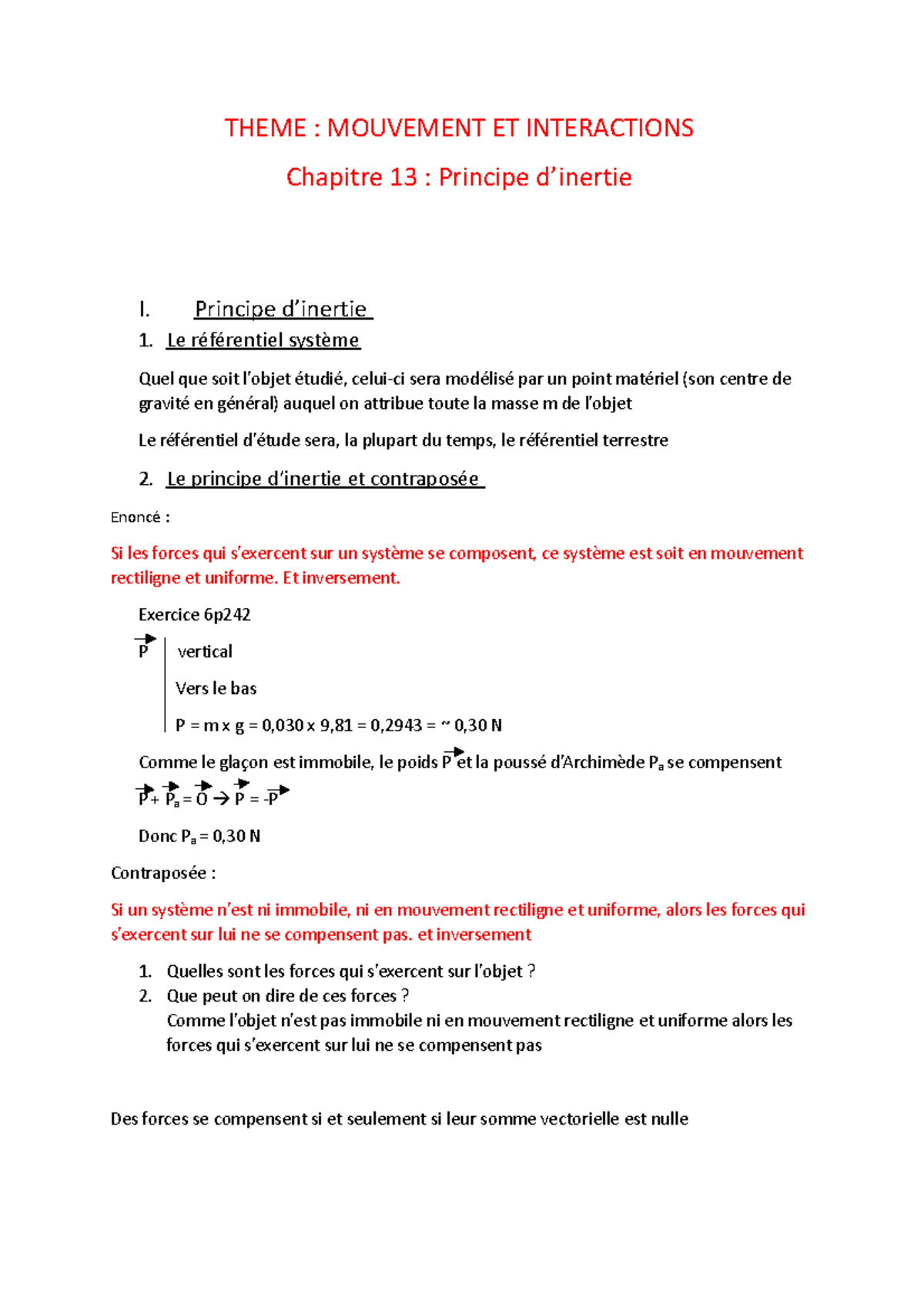 Chapitre 13 - aucun - THEME : MOUVEMENT ET INTERACTIONS Chapitre 13 : Principe d’inertie I ...